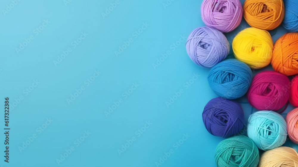 Knitting background with rainbow colorful yarn over blue background ...