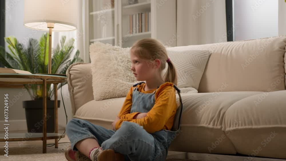 Upset unhappy offended preschool caucasian little kid girl feeling sad ...