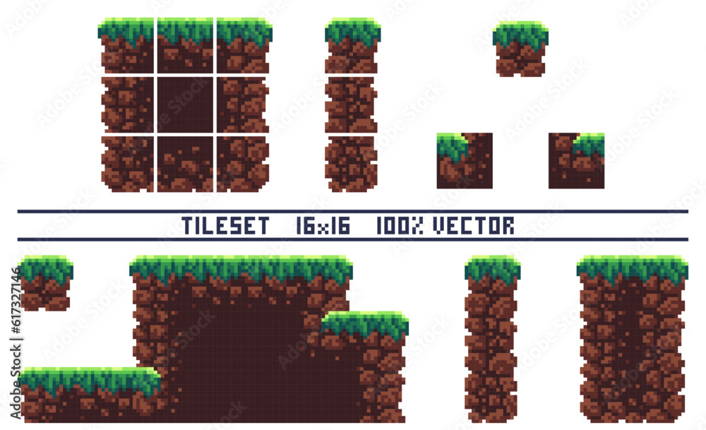 Pixel art tile set for 2d retro game. A set of ground tiles with grass ...