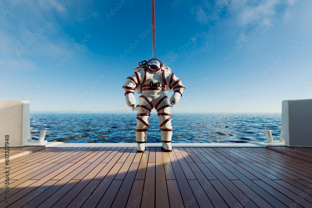 Diver in a high tech exosuit on board a ship. Underwater discovering ...