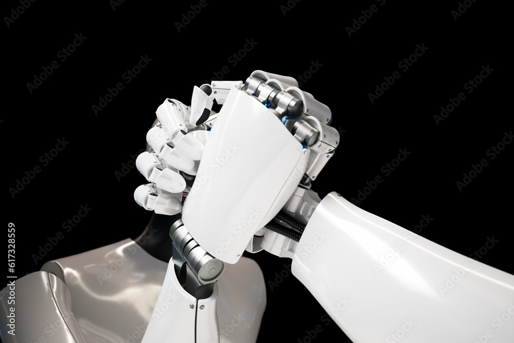 Metallic cyborg arms holding each other on black background. Arm ...