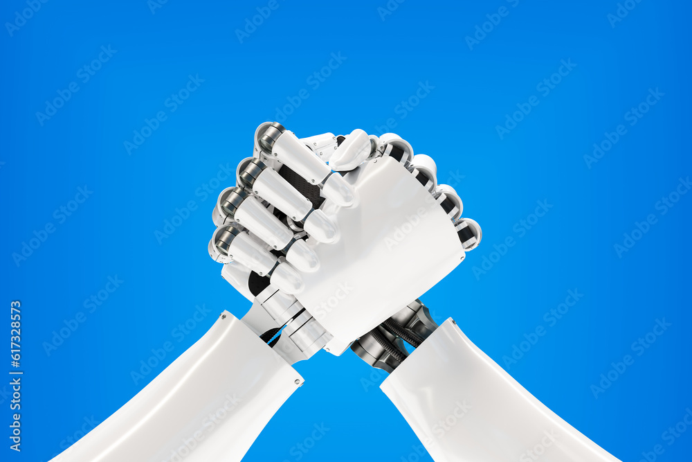 Metallic cyborg arms holding each other on black background. Arm ...