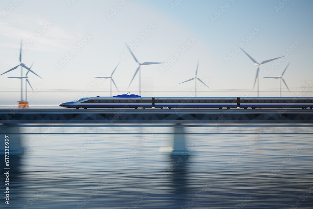 Fast Modern high-speed bullet Train on a Bridge Overlooking the Sea ...