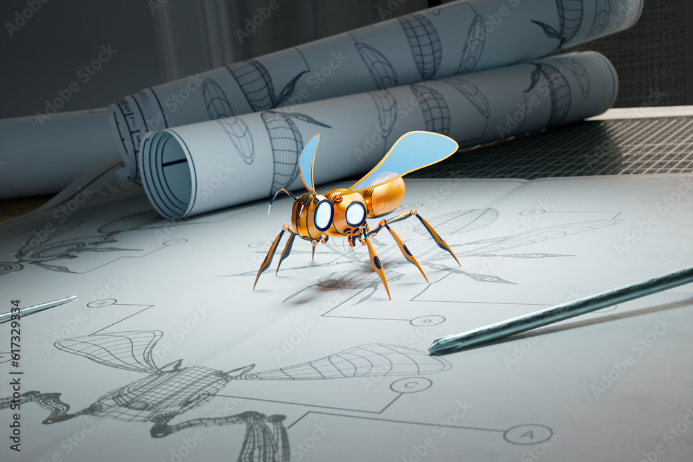 Assembled golden artificial bee robot standing on its blueprint ...