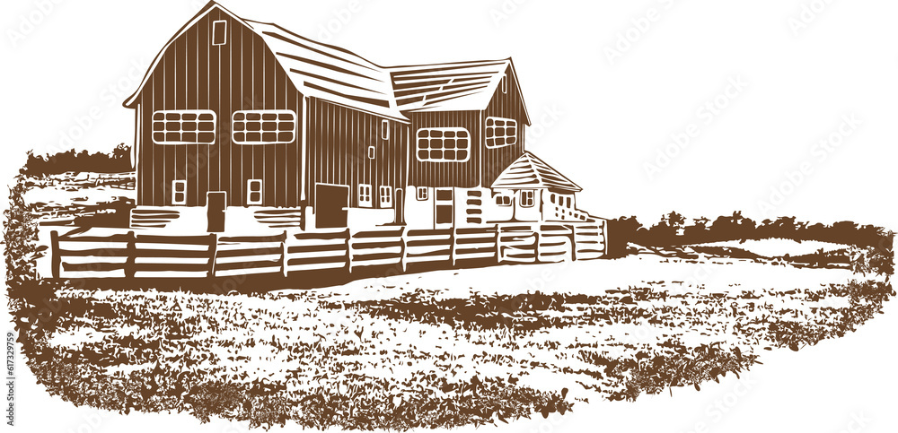 Countryside landscape illustration drawing in woodcut style with farm ...
