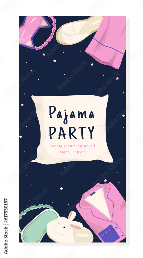Pajama party postcard template. Sleep mask, slippers and towels, pillow ...