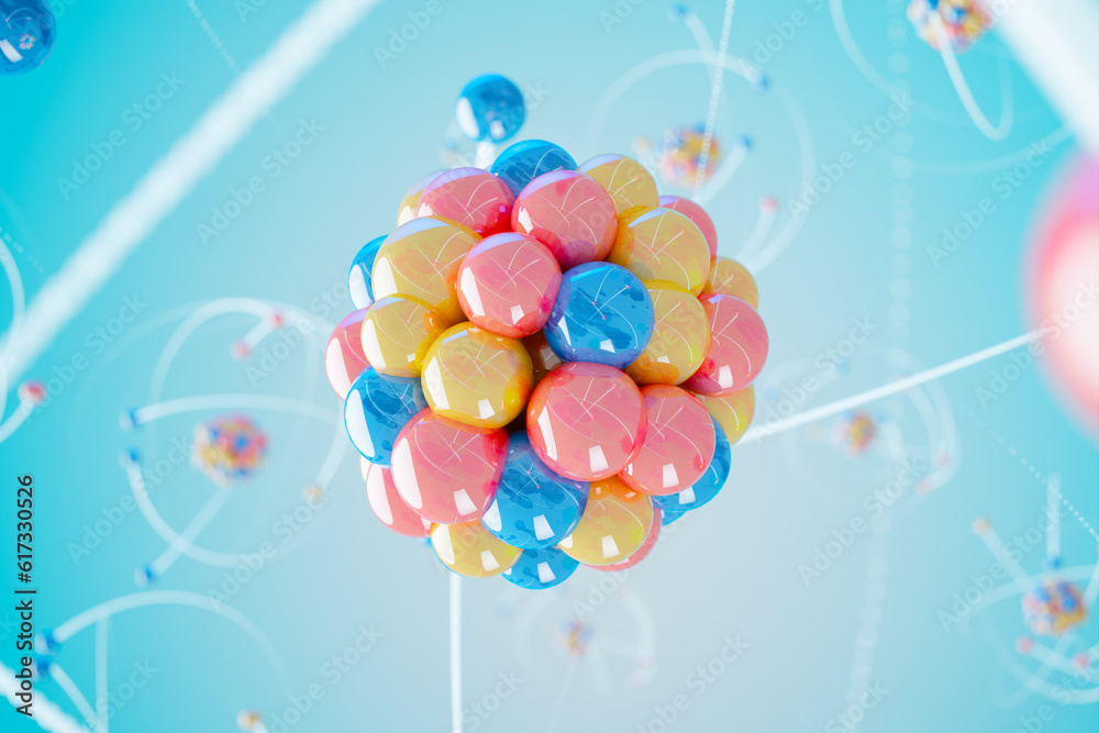 3D rendering of an atom model with shiny particles orbiting around the ...