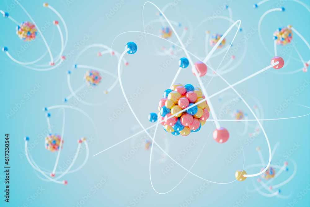 3D rendering of an atom model with shiny particles orbiting around the nucleus Stock ...