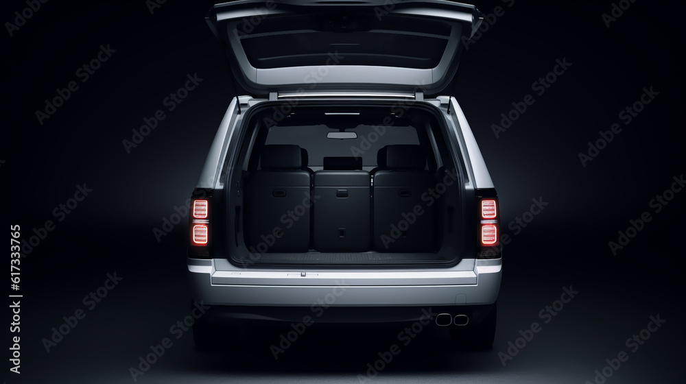 Huge, clean and empty car trunk in interior of compact suv. Rear view ...