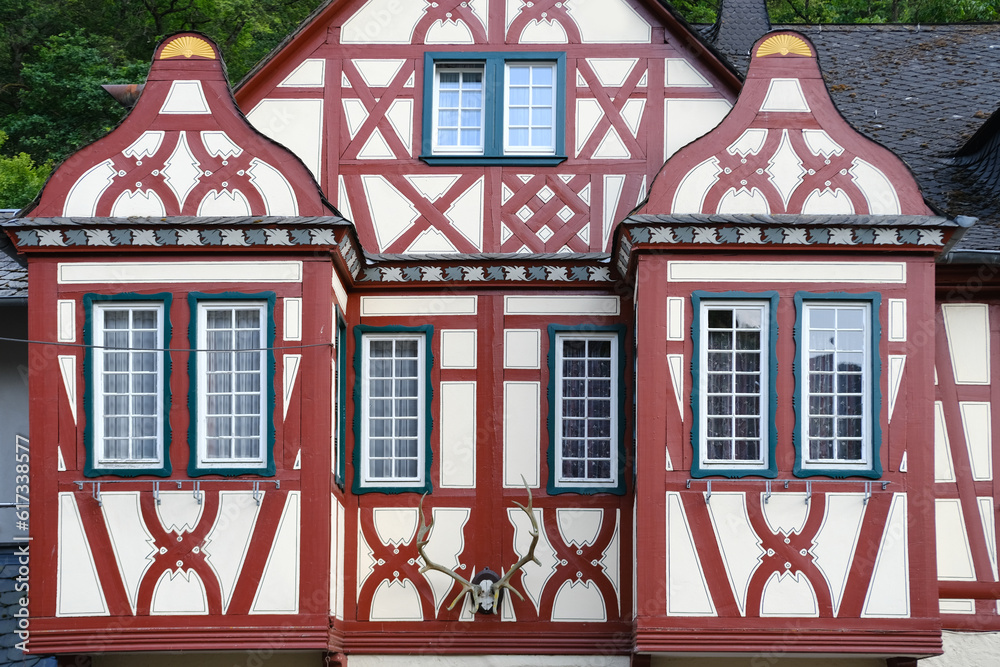 part of historic building, beautiful facade ancient half-timbered house ...