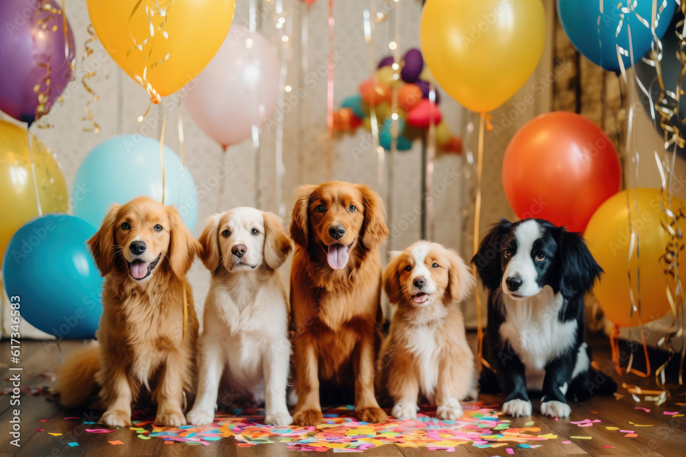 cute dogs celebrate birthday with party hats and balloons. puppies are smiling at the party ...
