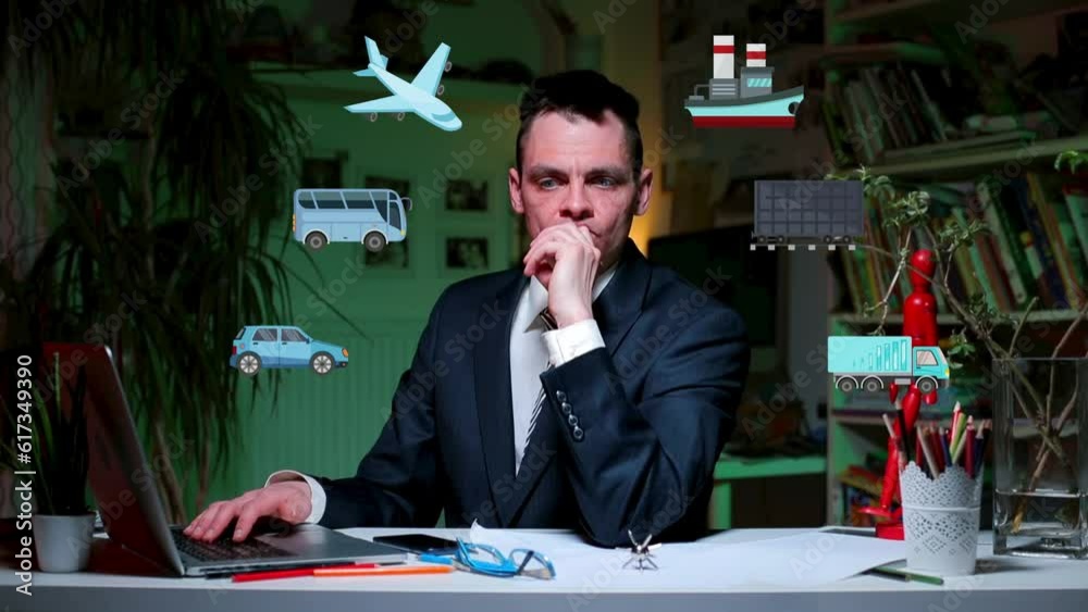 Planning a surveillance trip male worker sitting office desk makes a ...