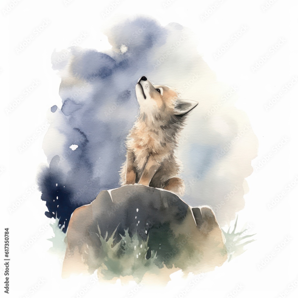 Entzückende Wasserfarben-Zeichnung eines Wolfswelpen, der sanft unter ...