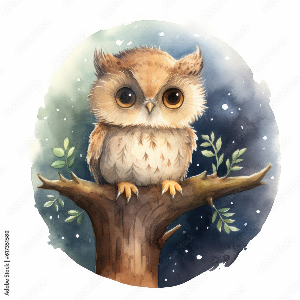 Superniedliches Wasserfarben-Porträt einer Eule für Kinder auf einem ...