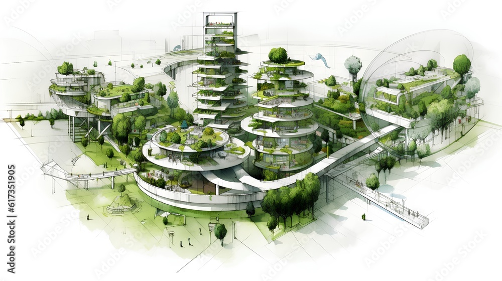 Sustainable urban design project concept. Green cityscape, including ...