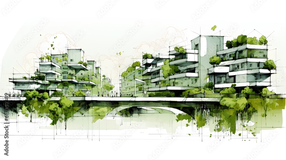 Sustainable urban design project concept. Green cityscape, including ...
