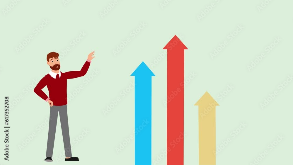 Man stands and showing business diagrams 2d animation cartoon green ...