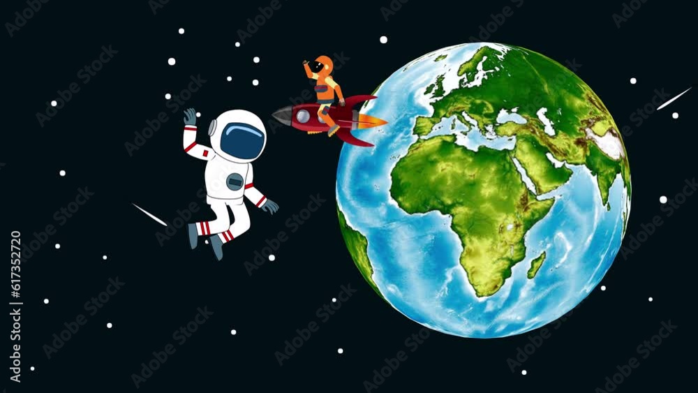 Spaceman stands on revolving earth globe 3d, stars and comets, 2d ...