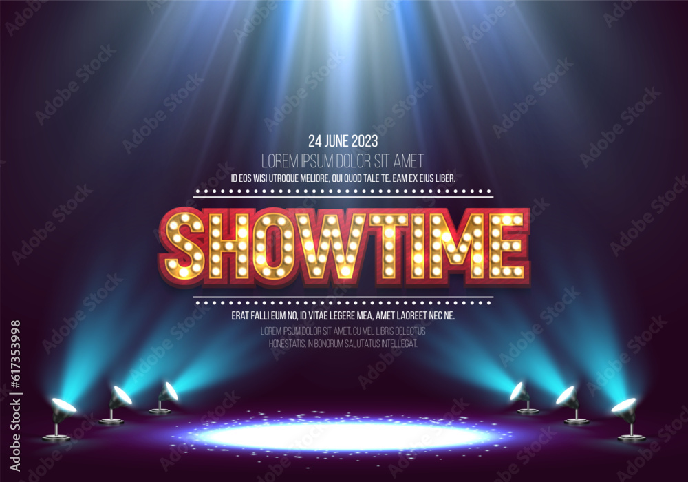 Showtime. Scene for presentation illuminated by spotlights. Vector ...