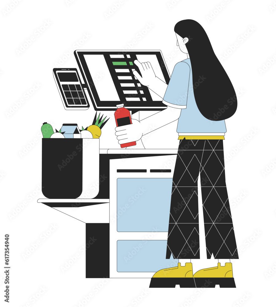 Woman On Self Service Terminal Flat Line Concept Vector Spot