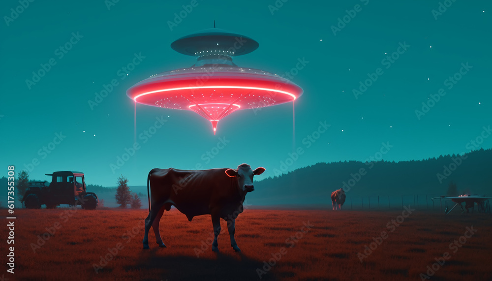 Cow abduction by aliens on a flying saucer in neon light at night in a ...