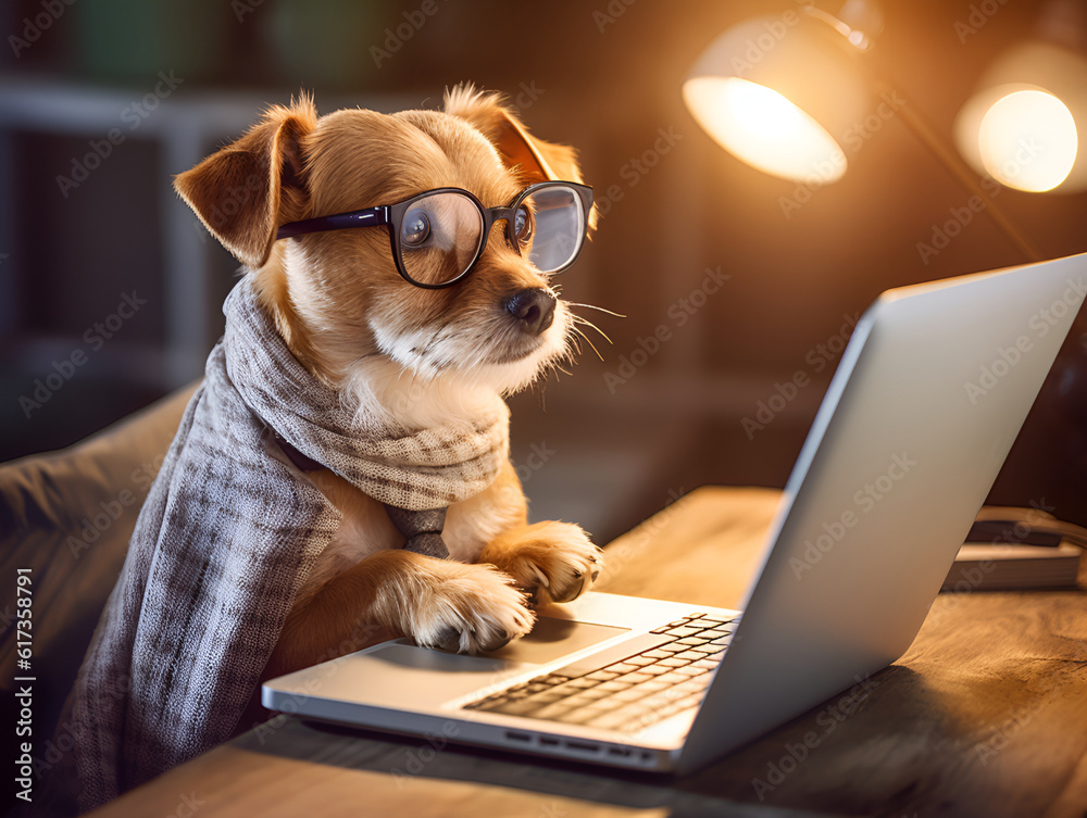 Illustration of a creative dog working on a laptop at home at late hours. Jack russel terrier ...