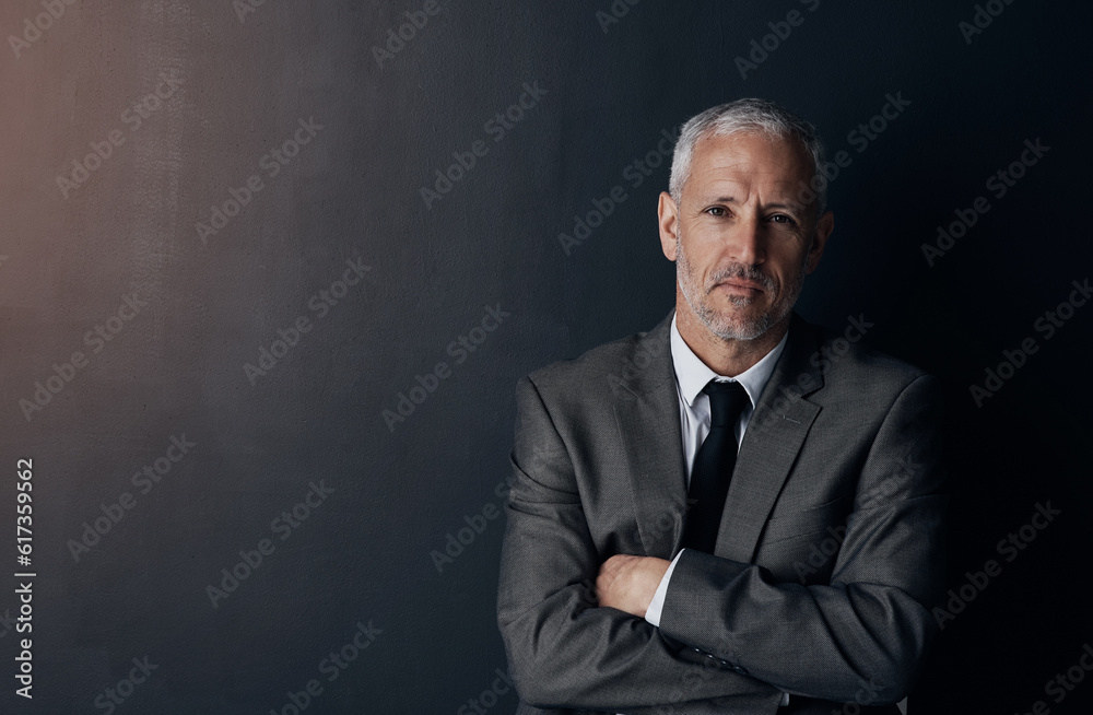 Portrait, serious and businessman with mockup, confident lawyer or ...