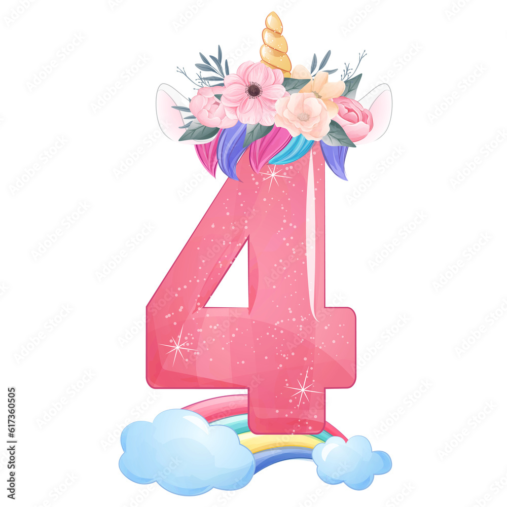 Cute unicorn birthday decorate party number 4 watercolor illustration ...