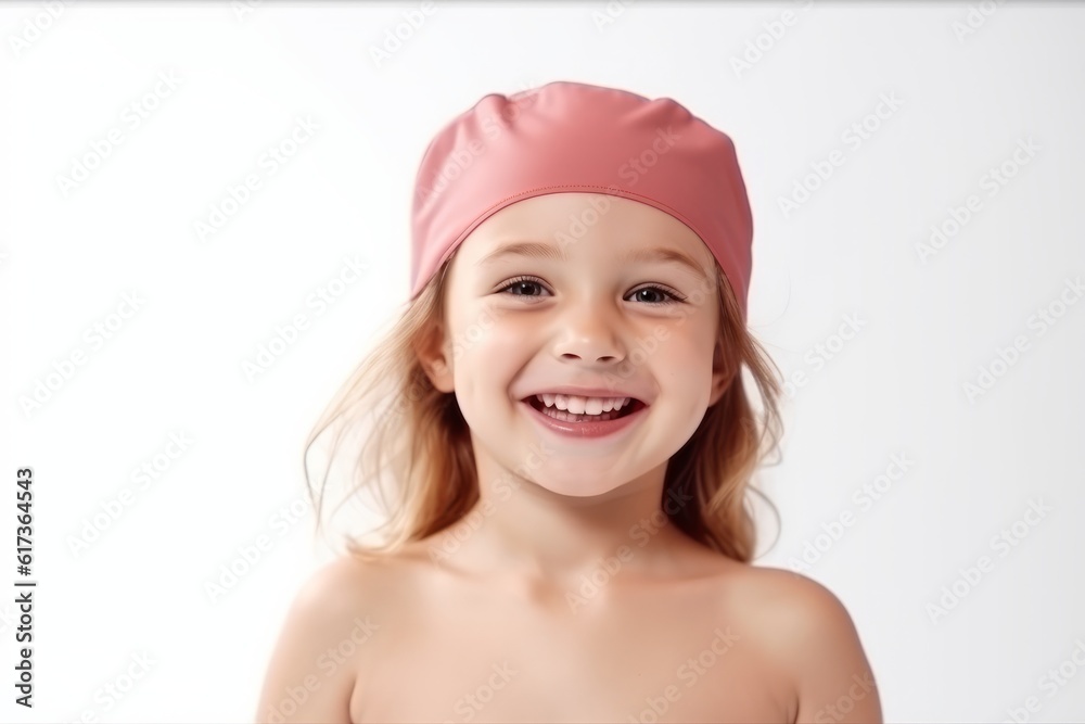 Portrait of a smiling little girl in a pink swimming cap on a white ...