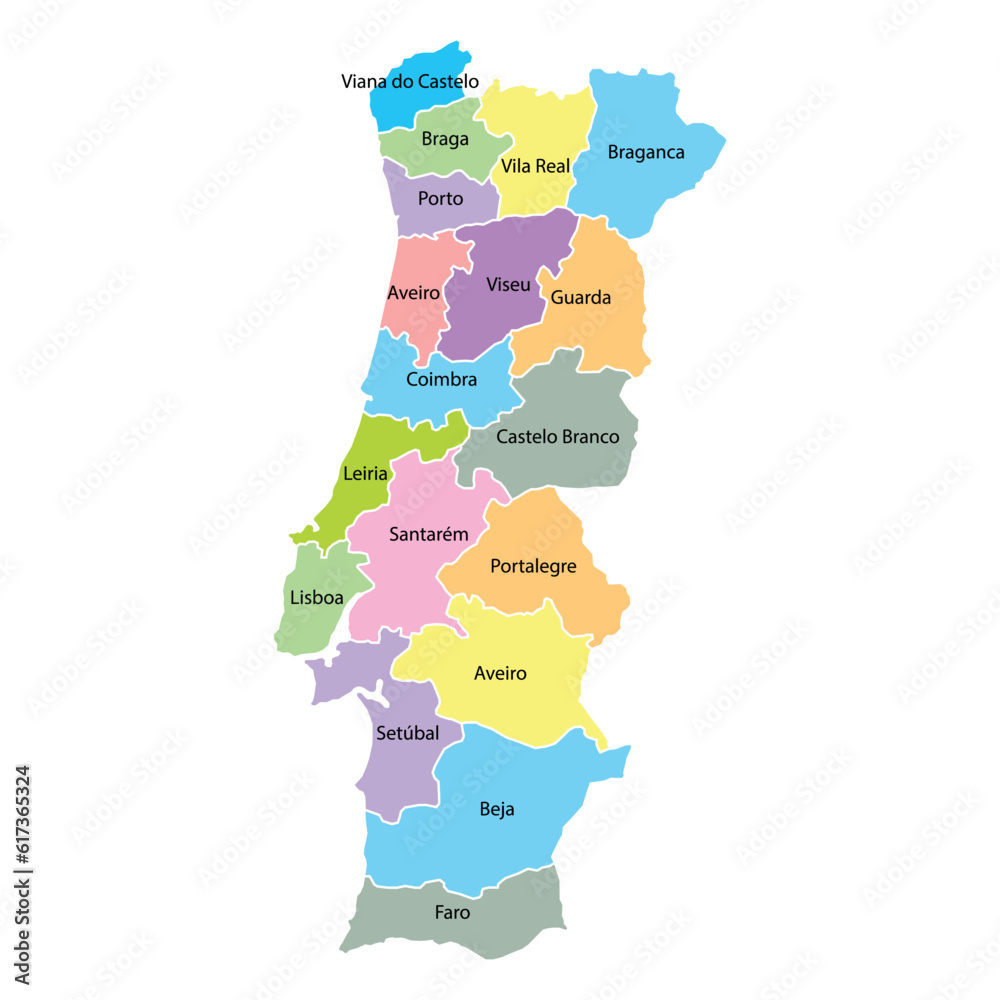 Portugal map background with regions and region names in color ...