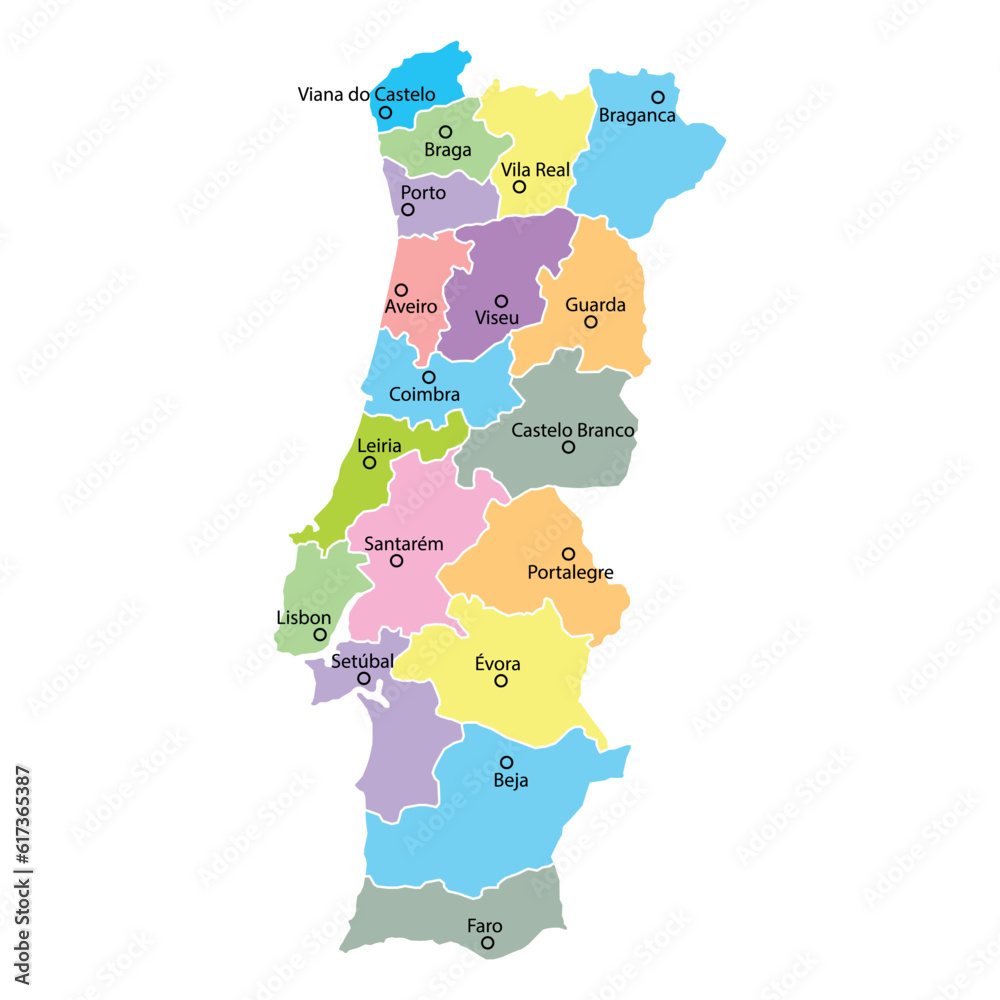 Portugal map background with regions and region names in color ...