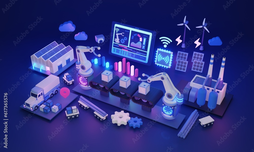 Industrial IoT and internet of things smart automation 3D illustration ...