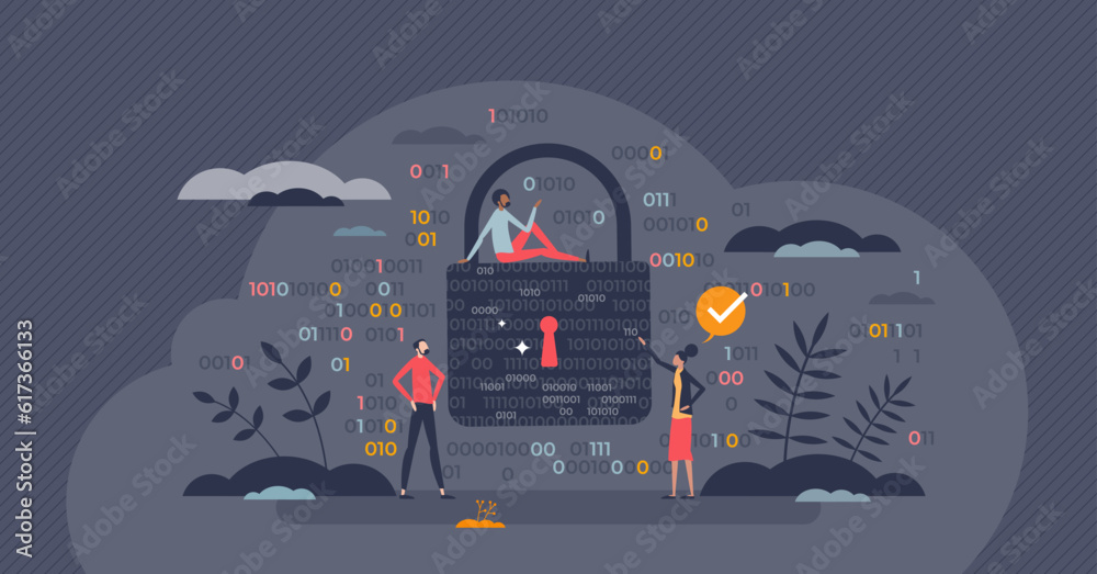 Cybersecurity and cyberspace data safety protection tiny person concept ...