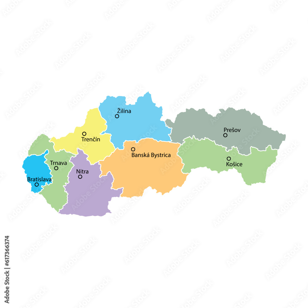 Slovakia map background with regions, region names and cities in color ...