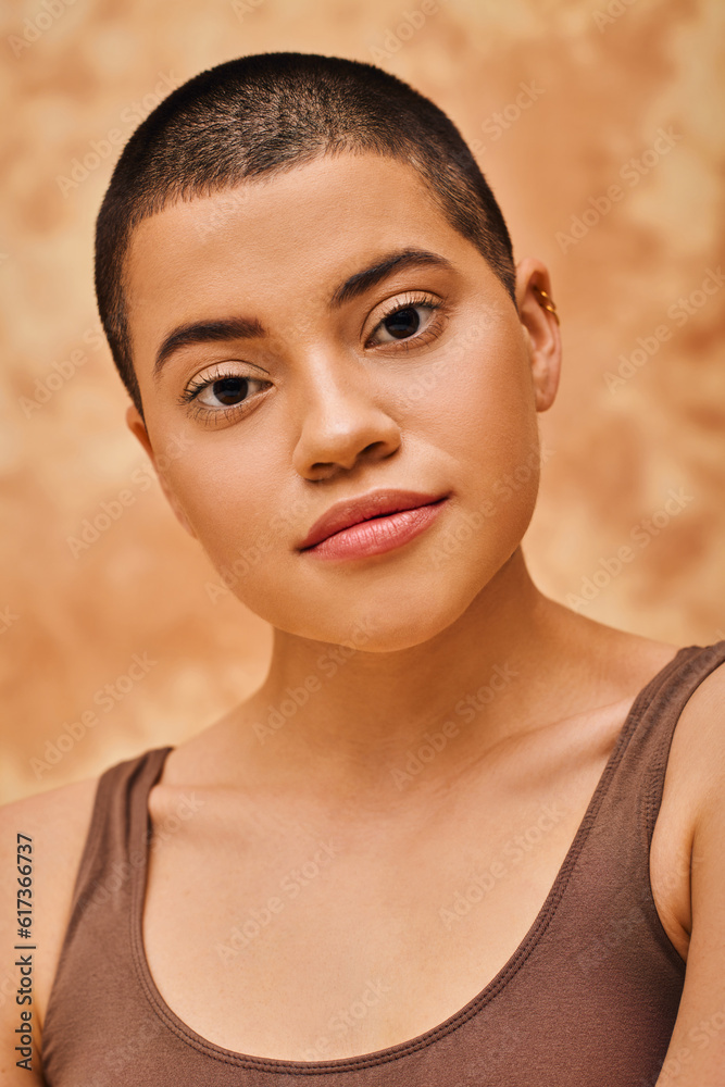 natural look, self-acceptance, young woman with short hair posing on ...