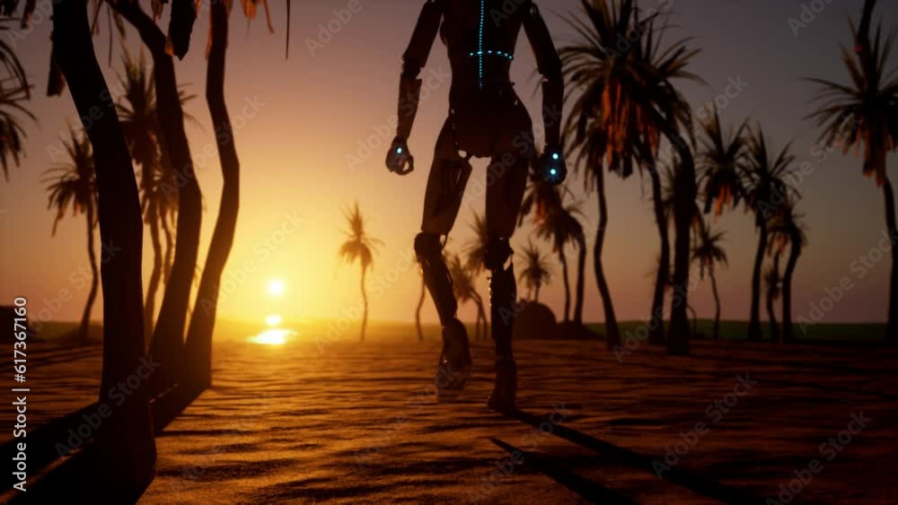 3d render animation of walking a.i. robot on beach while sunrise or ...