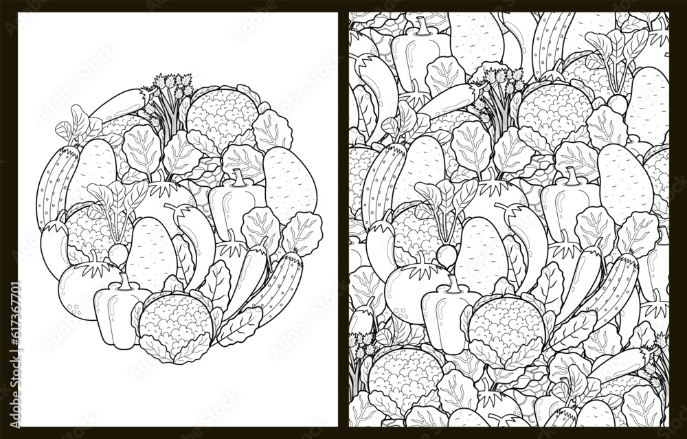 Doodle vegetables coloring pages set in US Letter format. Black and ...