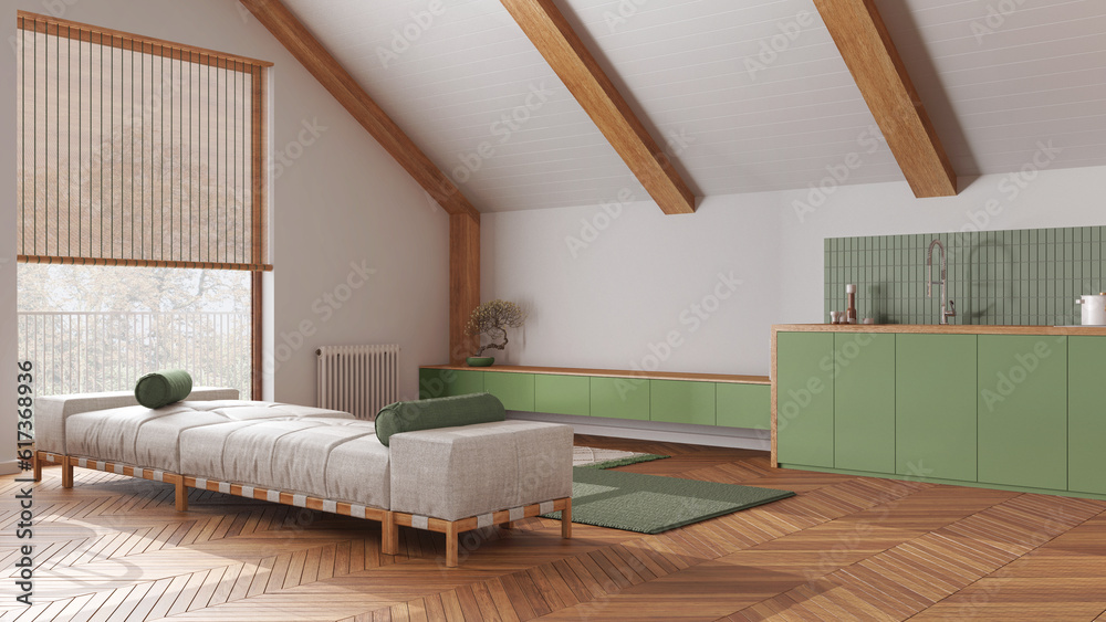 Japandi wooden living room and kitchen with sloping ceiling and parquet ...