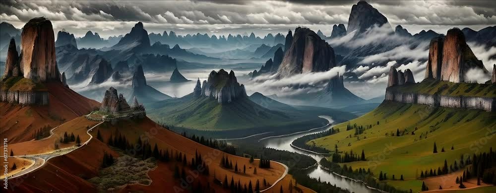 Animated abstraction of a changing landscape. Wide screen background ...