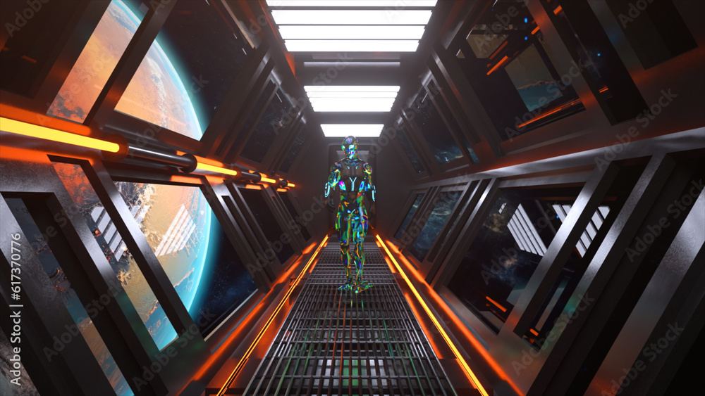 Alien slowly walks along the corridor of the spaceship. View of the red ...