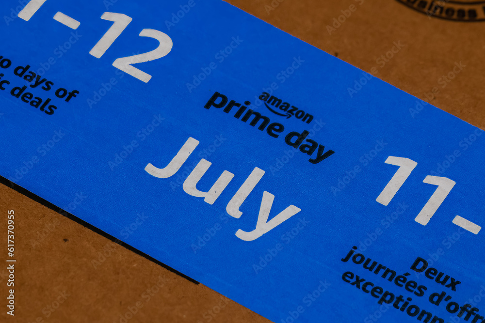 Amazon Prime Day 2023 cardboard box with Prime Day logo and tape on it ...