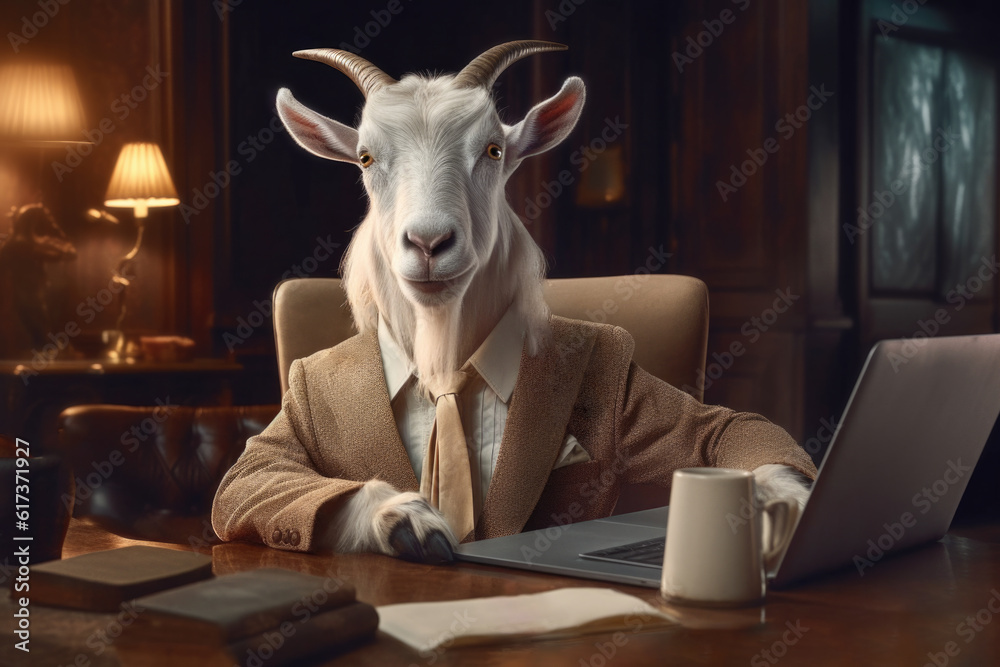 White goat wearing business suit sits at its desk in office with laptop ...