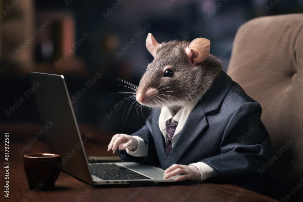 Serious rat wearing business suit, working on laptop at its desk in the ...