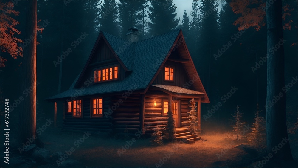 haunted cabin in the woods, Halloween night scene. Generative AI Stock ...