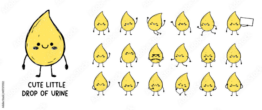 Big set cute cartoon character yellow pee drop. Vector mascot isolated ...