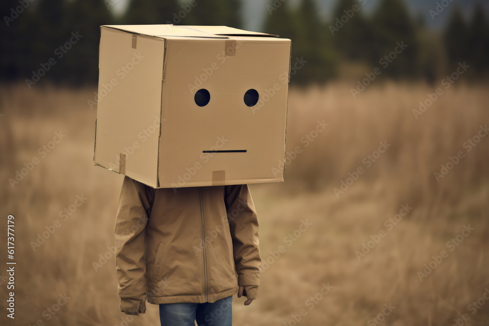 person with cardboard box over head standing in field landscape, made ...