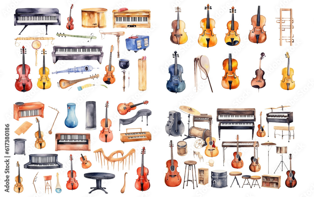 Watercolor International musical instrument set on white background ...
