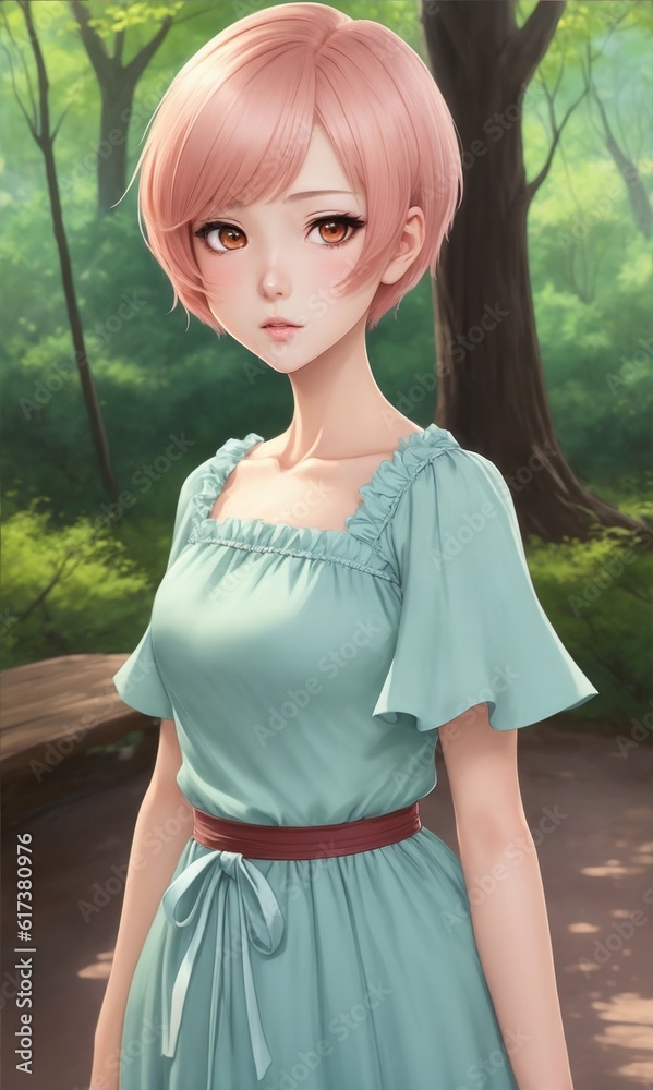 Beautiful portrait of a young girl in a park in the forest in anime ...