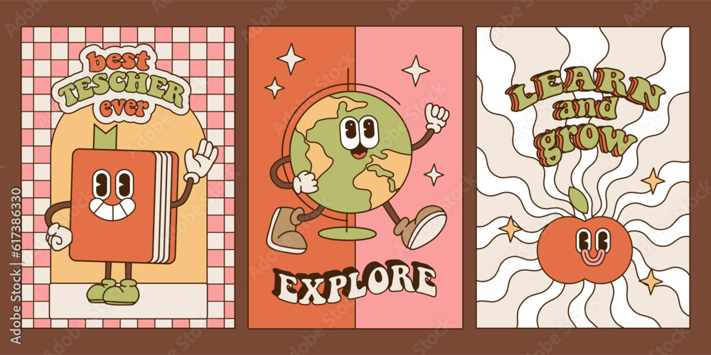 Back to school groovy a4 postcards set in retro 70s style. Psychedelic ...