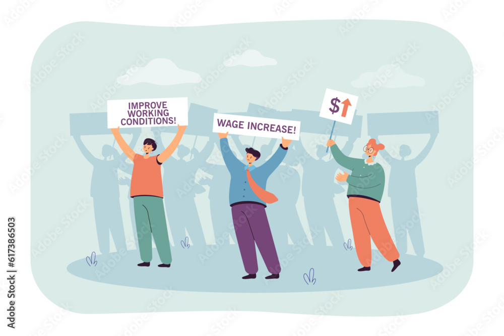 Vetor de Crowd of upset workers protesting against low wages. Group of ...